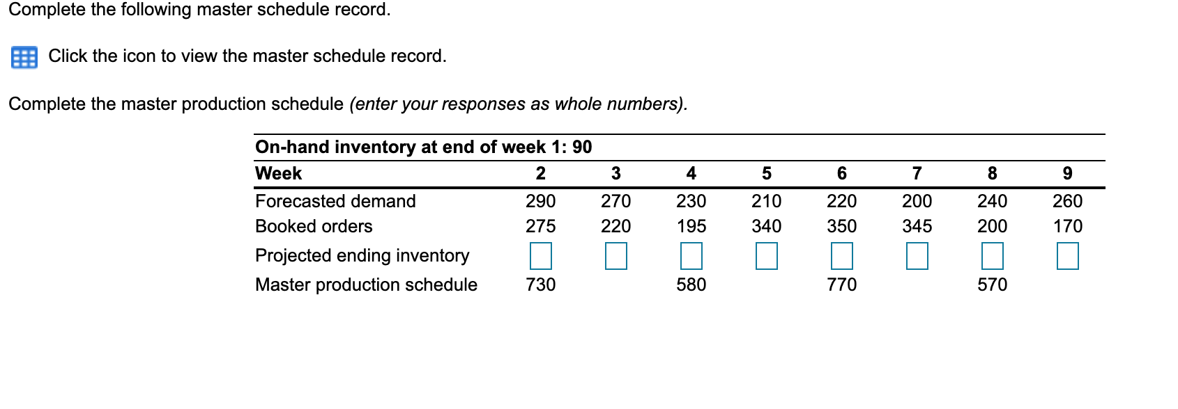Solved Complete the following master schedule record. Click | Chegg.com