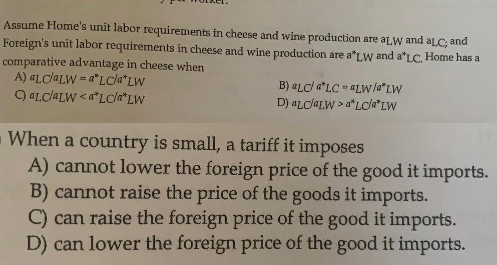 Solved Assume Home's unit labor requirements in cheese and | Chegg.com