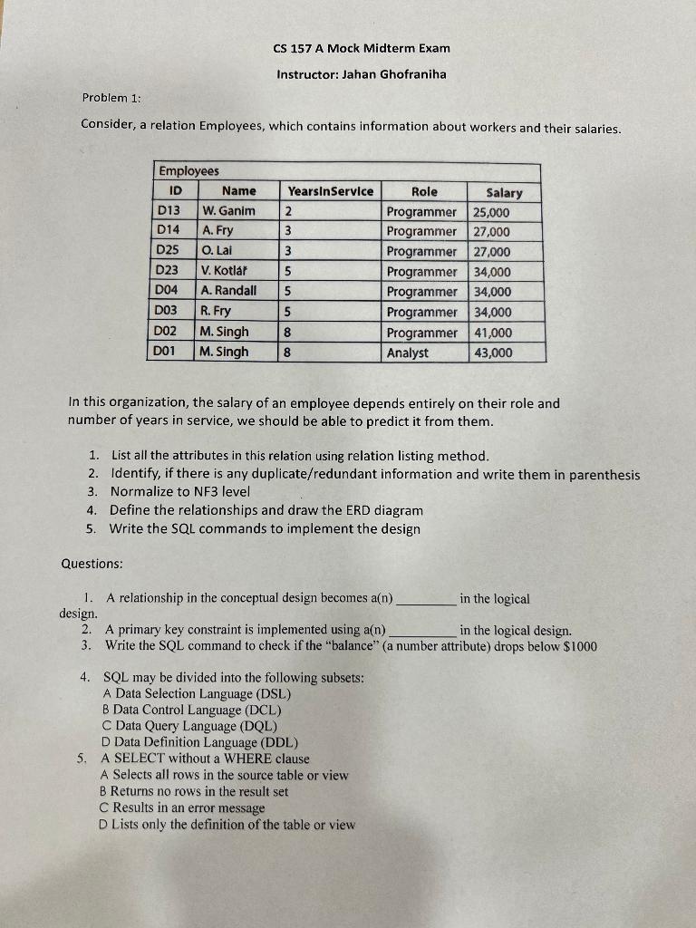 CS 157 A Mock Midterm Exam Instructor: Jahan | Chegg.com