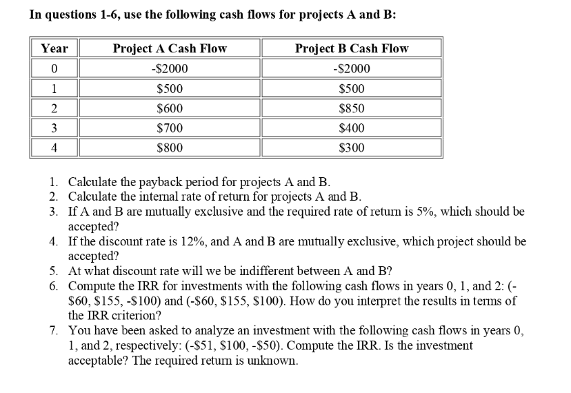 Solved by an EXPERT In questions 1-6, ﻿use the following cash flows for | Chegg.com