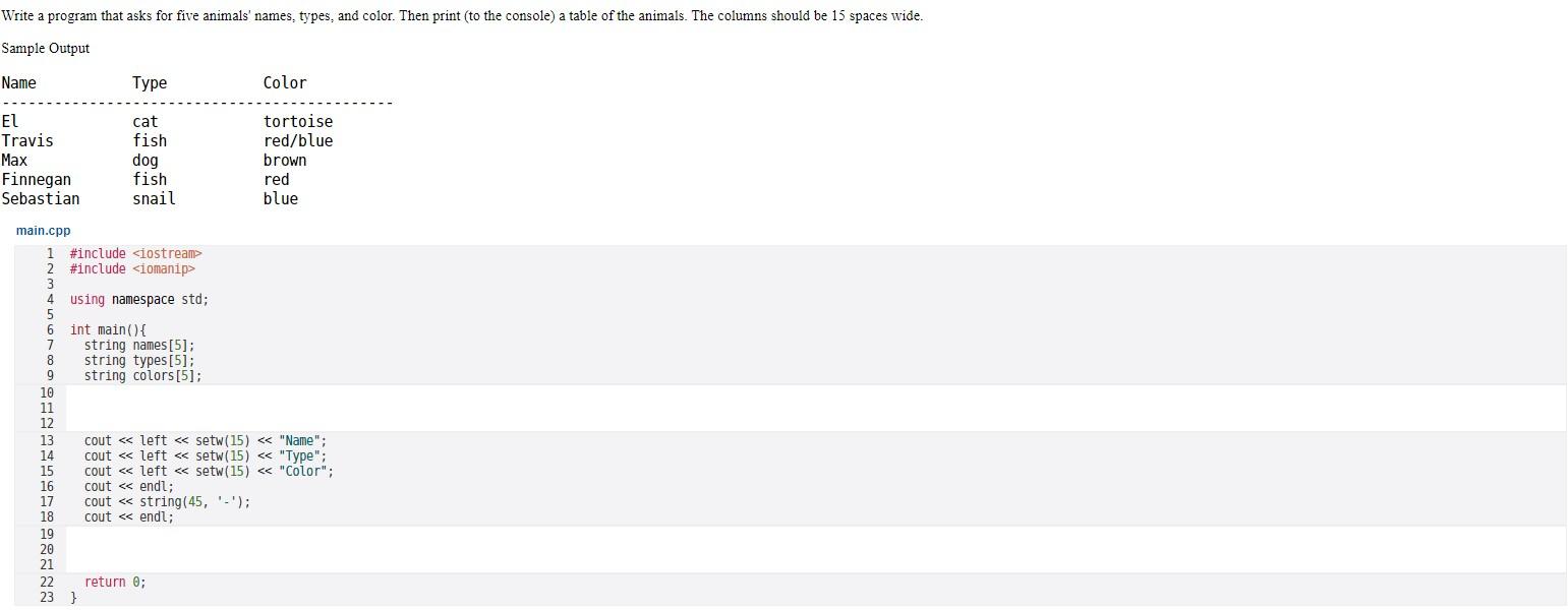 Solved Write a program that asks for five animals' names, | Chegg.com