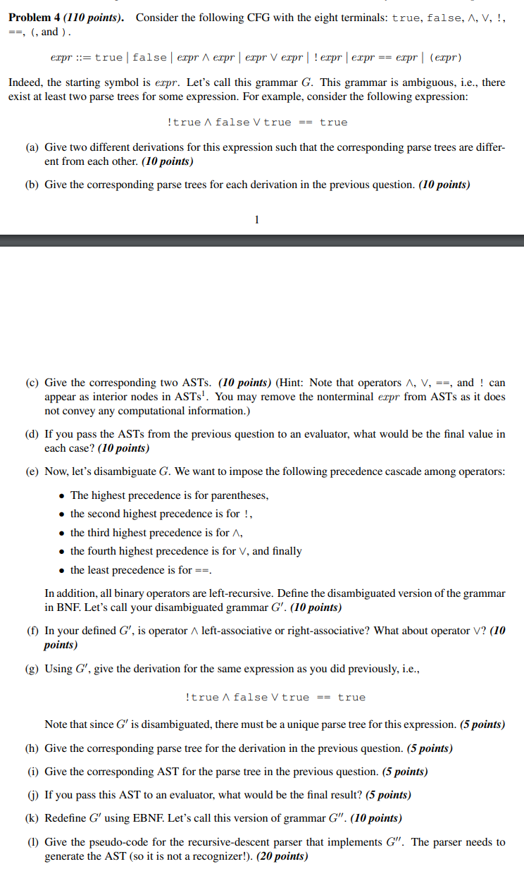 Solved Problem 4 (110 points). Consider the following CFG | Chegg.com