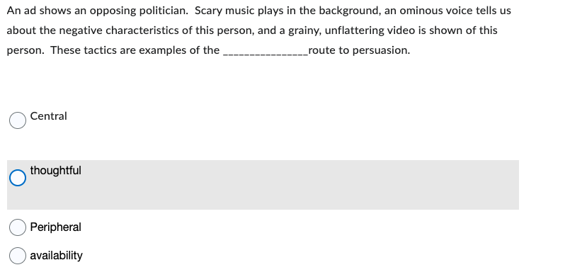 Solved An ad shows an opposing politician. Scary music plays | Chegg.com
