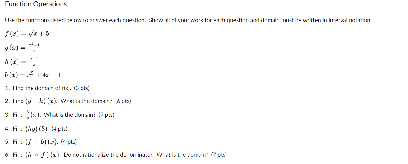 Solved Function Operations Use the functions listed below to | Chegg.com