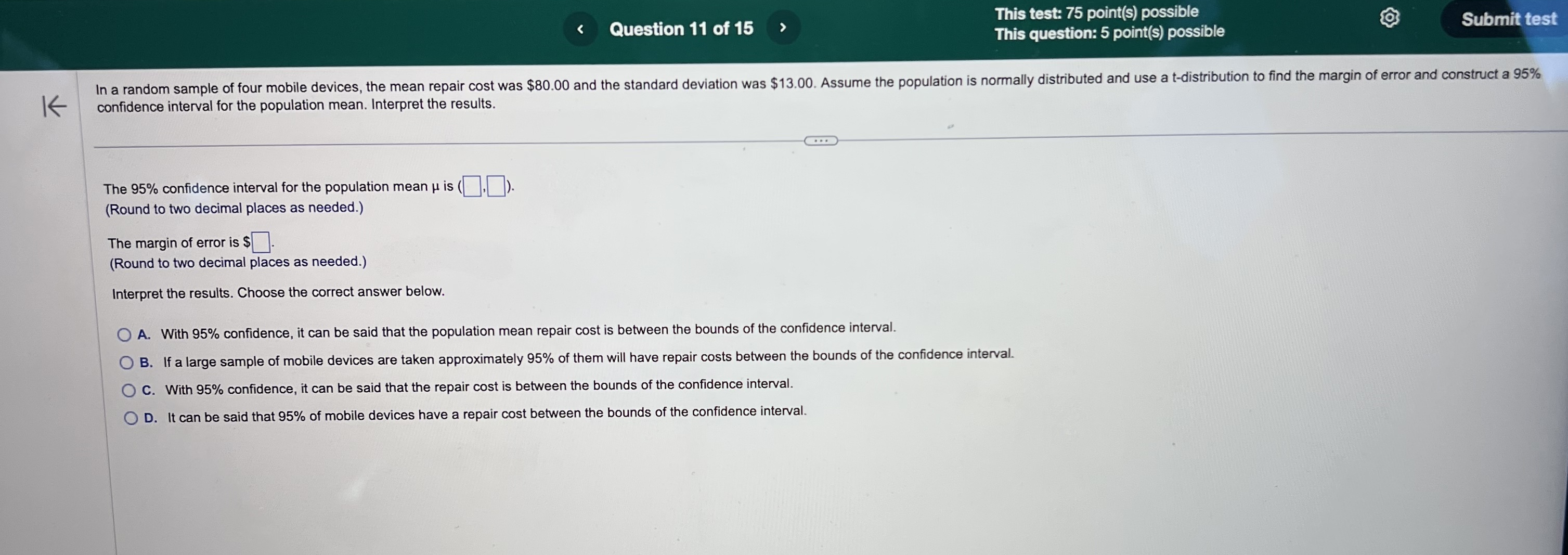 Solved Confidence Interval For The Population Mean Chegg