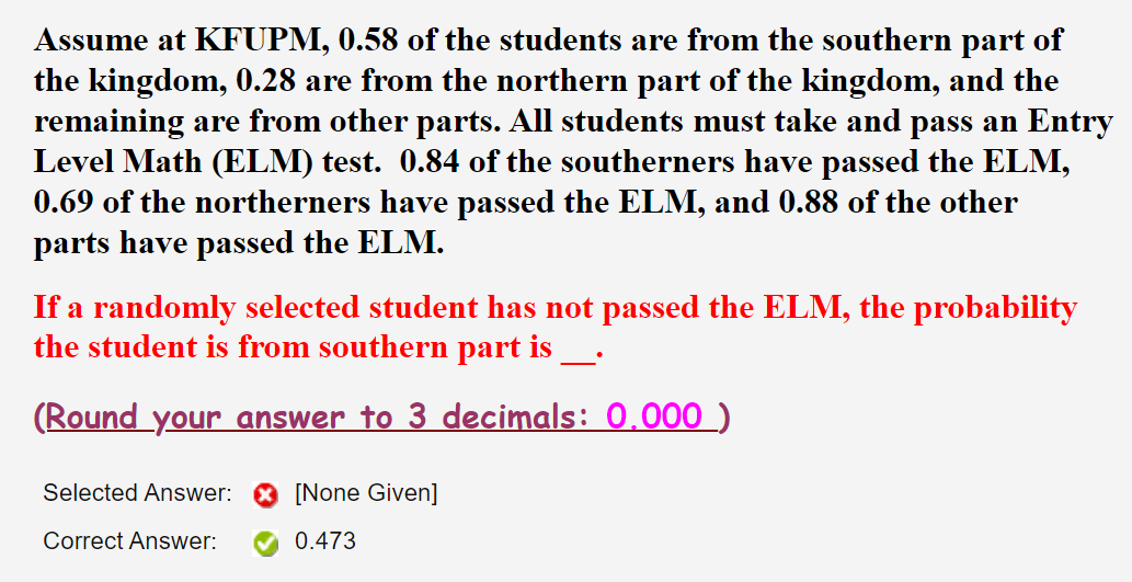 Solved Assume at KFUPM, 0.58 of the students are from the | Chegg.com