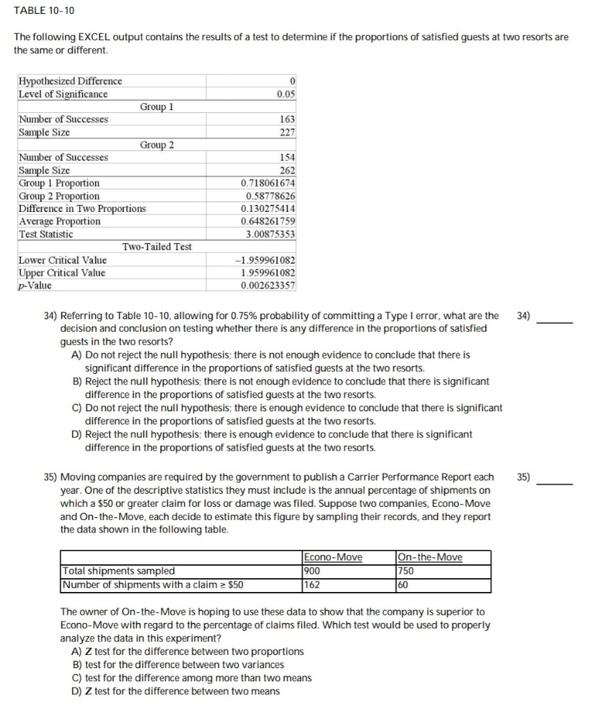 Solved TABLE 10-10 The following EXCEL output contains the | Chegg.com