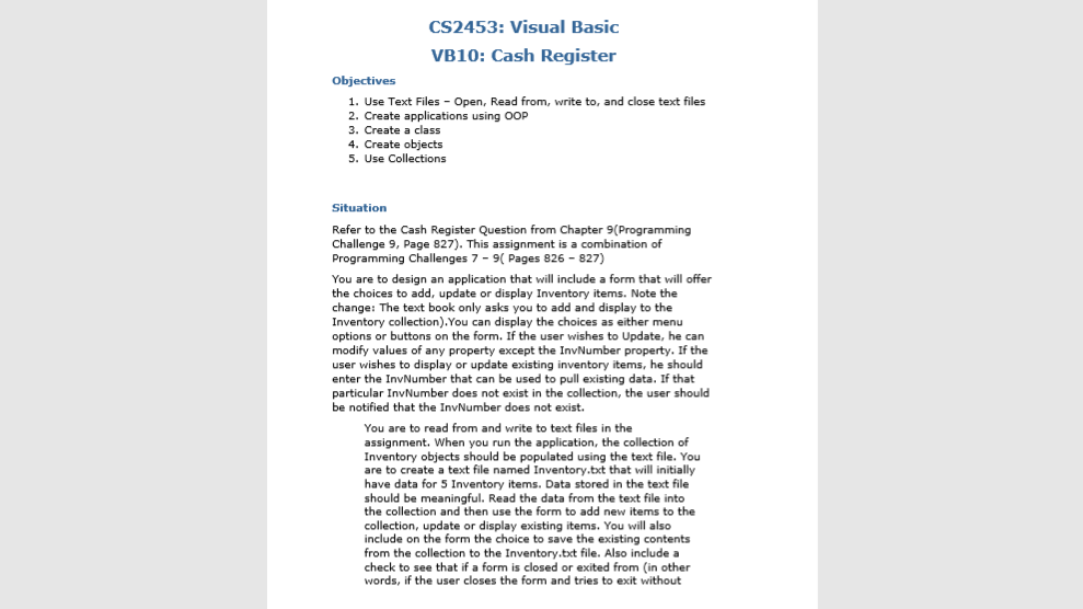 CS2453: Visual Basic VB10: Cash Register Objectives | Chegg.com