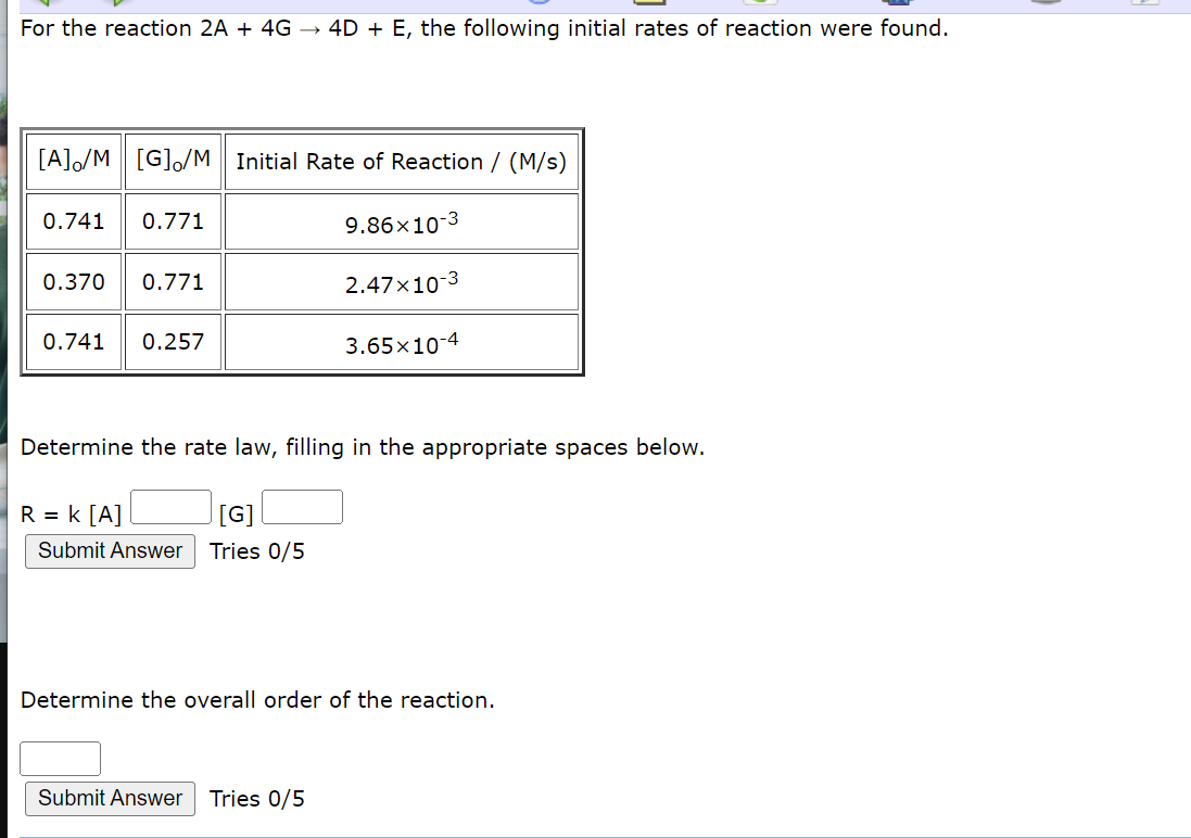 Solved For the reaction 2A+4G→4D+E, the following initial | Chegg.com
