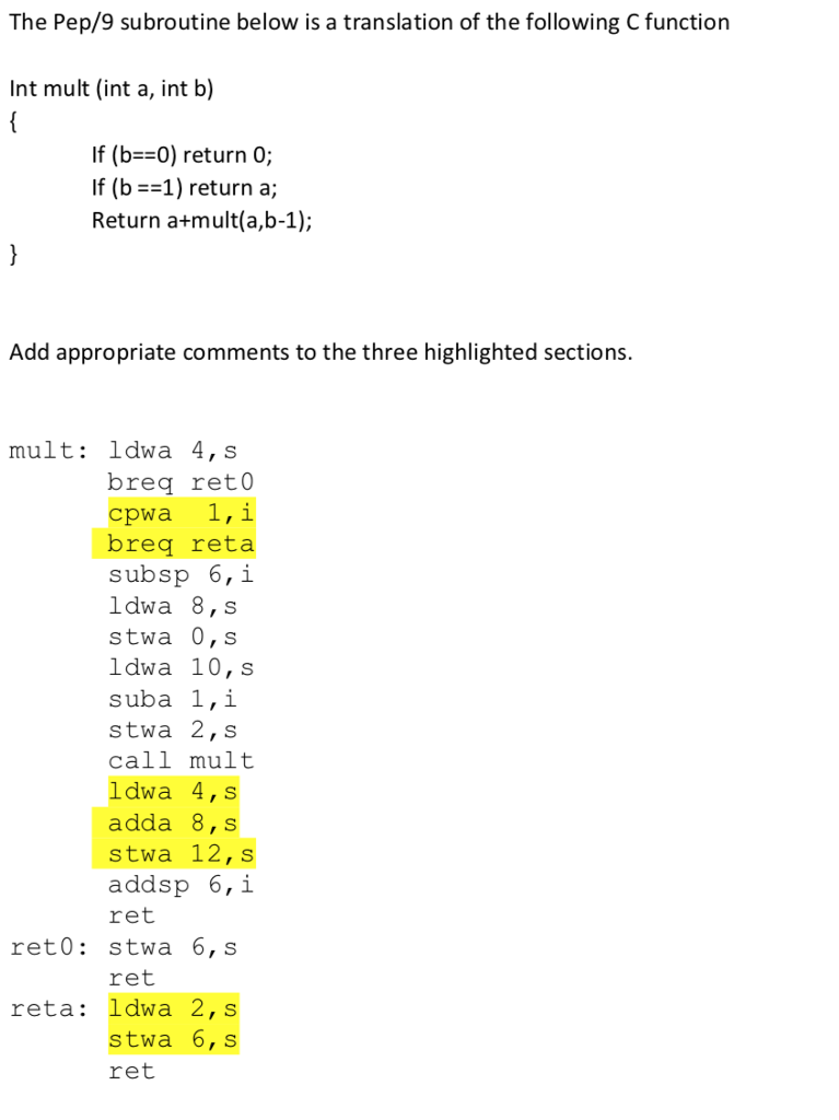Solved The Pep 9 Subroutine Below Is A Translation Of The