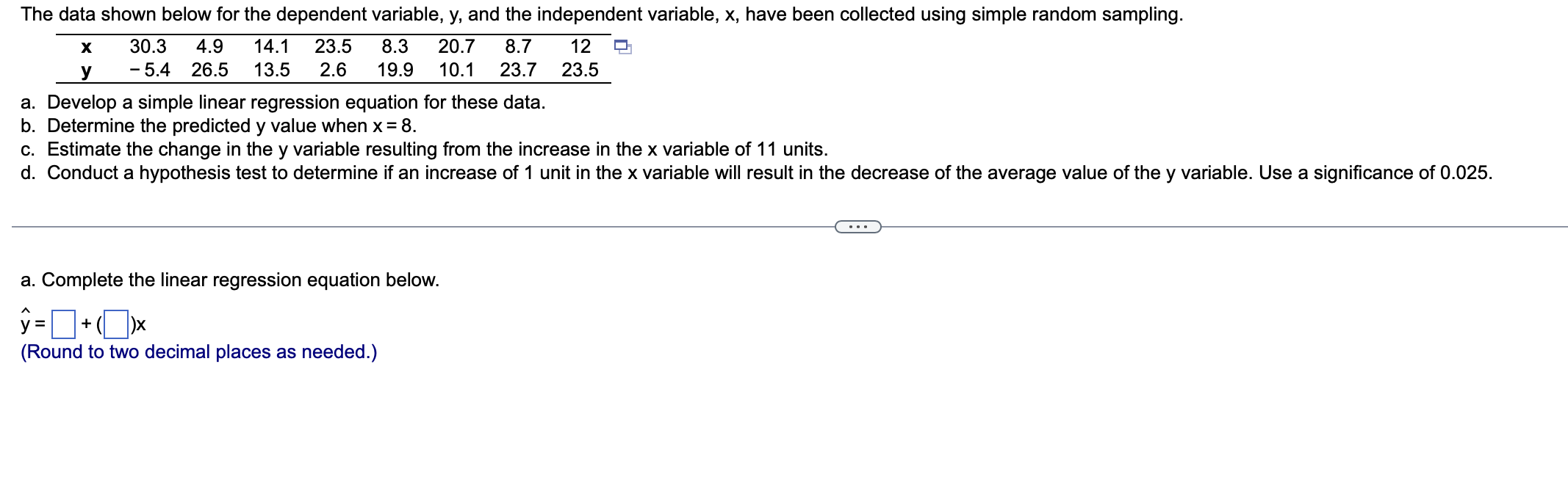 Solved a. Develop a simple linear regression equation for | Chegg.com