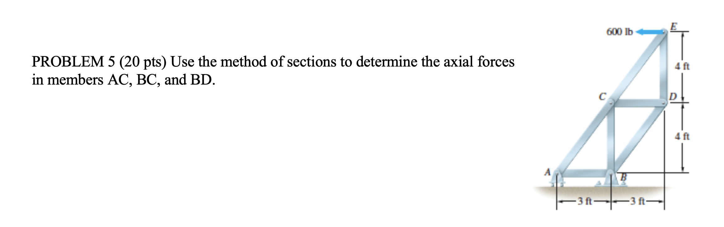 Solved 600 lb PROBLEM 5 (20 pts) Use the method of sections | Chegg.com