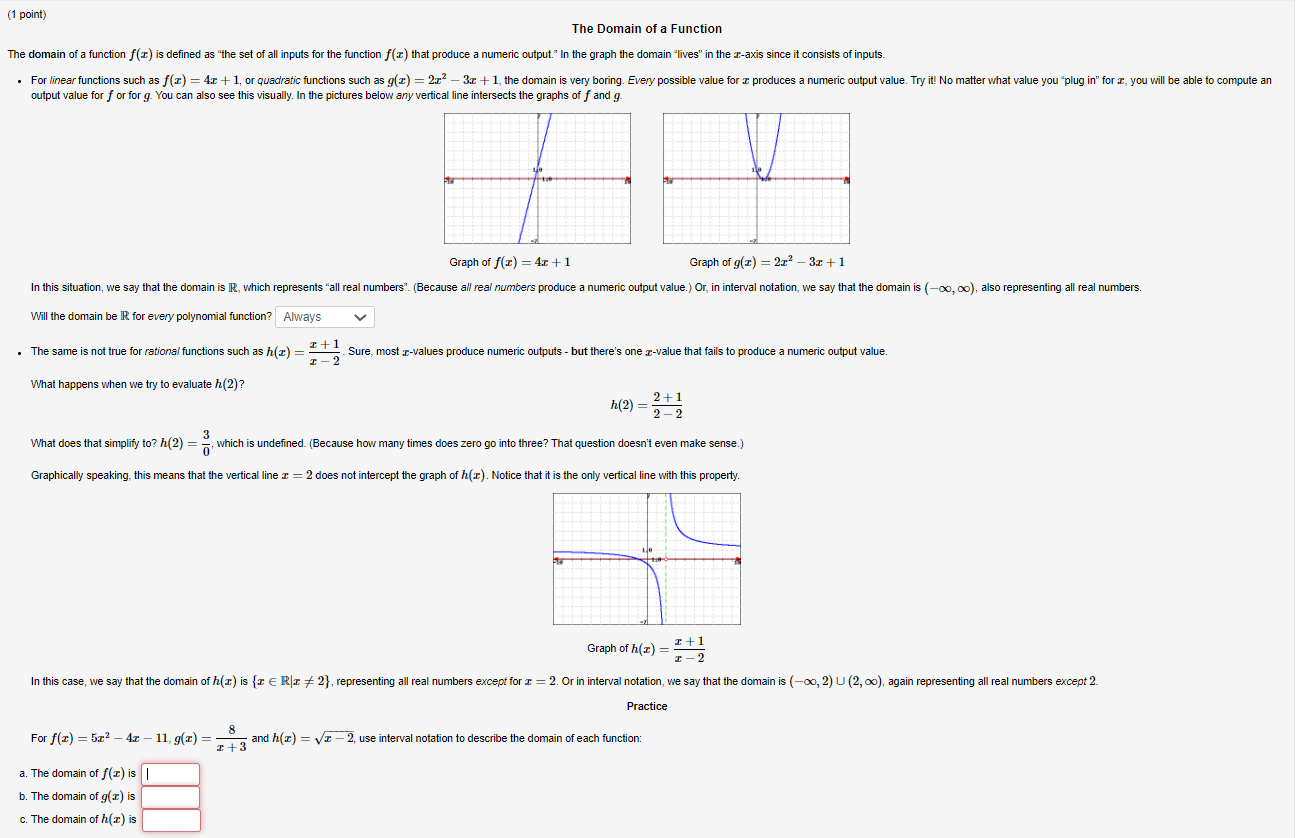 Solved (1 point) The Domain of a Function The domain of a | Chegg.com