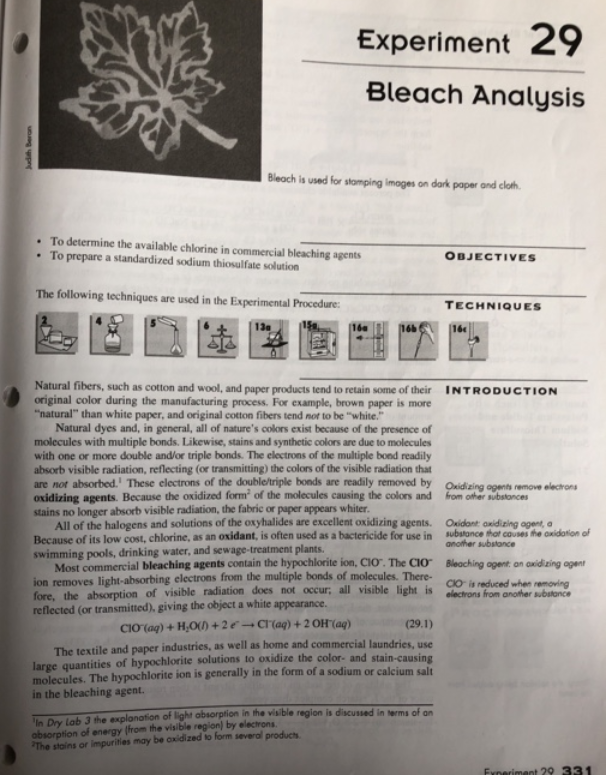 Experiment 29 Bleach Analysis Bleach is used for | Chegg.com