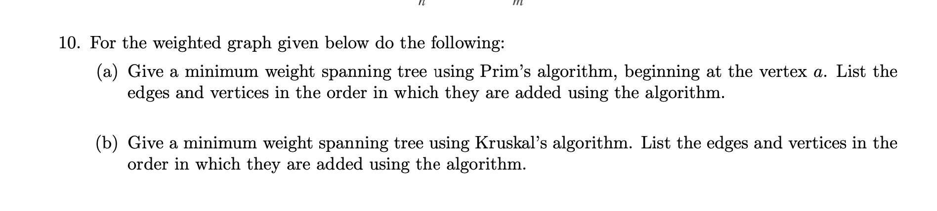 Solved 10. For the weighted graph given below do the | Chegg.com