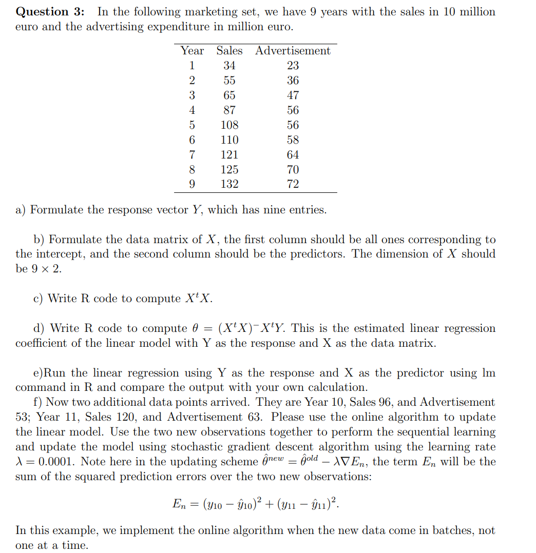 Solved nQuestion 3: In the following marketing set, we have | Chegg.com