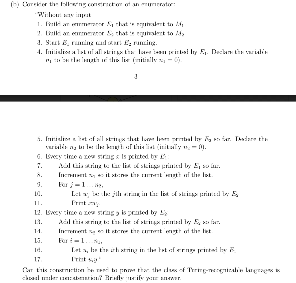 Consider the following construction of an enumerator: | Chegg.com