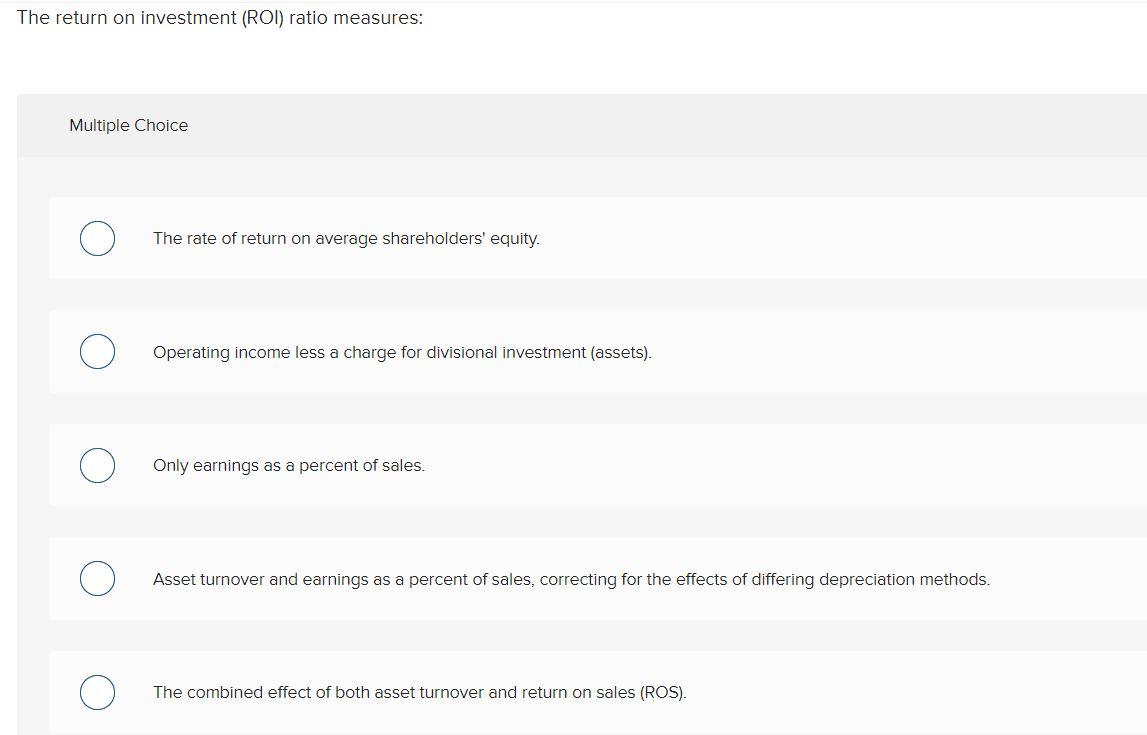 Solved The return on investment (ROI) ratio measures: | Chegg.com