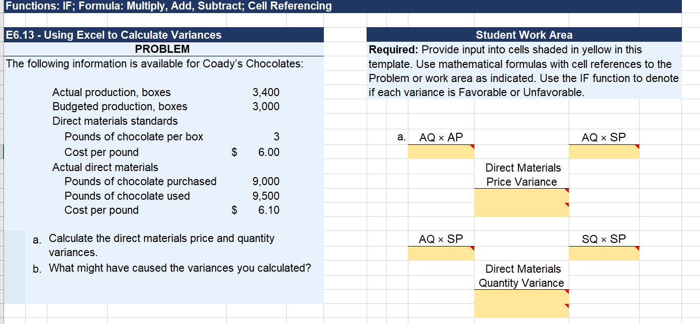 Solved Functions: IF; Formula: Multiply, Add, Subtract; Cell | Chegg.com