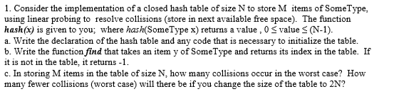 Solved 1. Consider the implementation of a closed hash table | Chegg.com