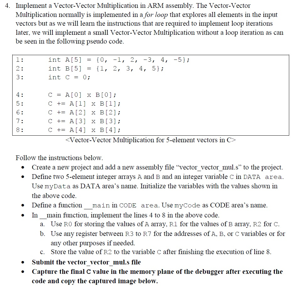 4. Implement a Vector-Vector Multiplication in ARM | Chegg.com