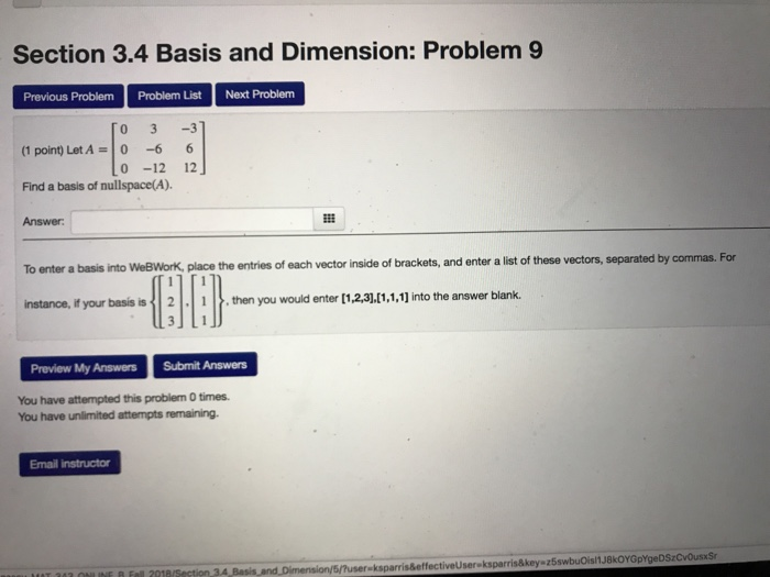 Solved Section 3.4 Basis and Dimension: Problem 4 Previous | Chegg.com