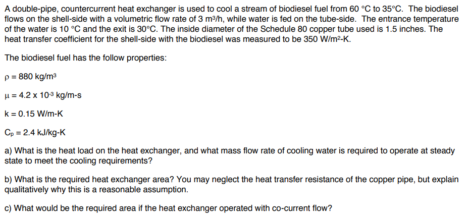 Solved A double-pipe, countercurrent heat exchanger is used | Chegg.com