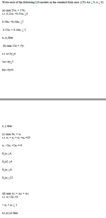 Solved Write each of the following LO-models in the standard | Chegg.com