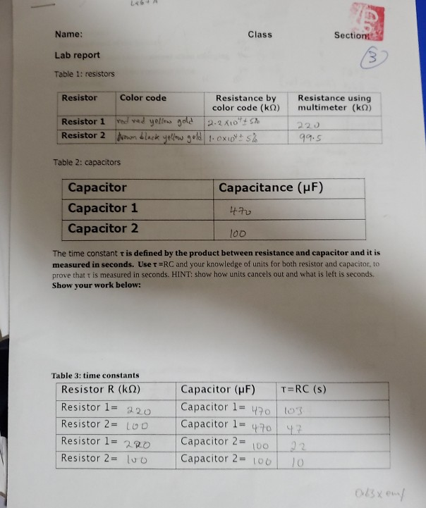 Solved LA Name: Class Section Lab report Table 1: resistors | Chegg.com