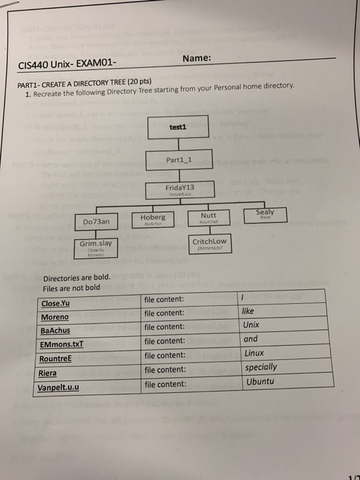 Solved CIS440 Unix- EXAM01- Name: PART1- CREATE A DIRECTORY | Chegg.com