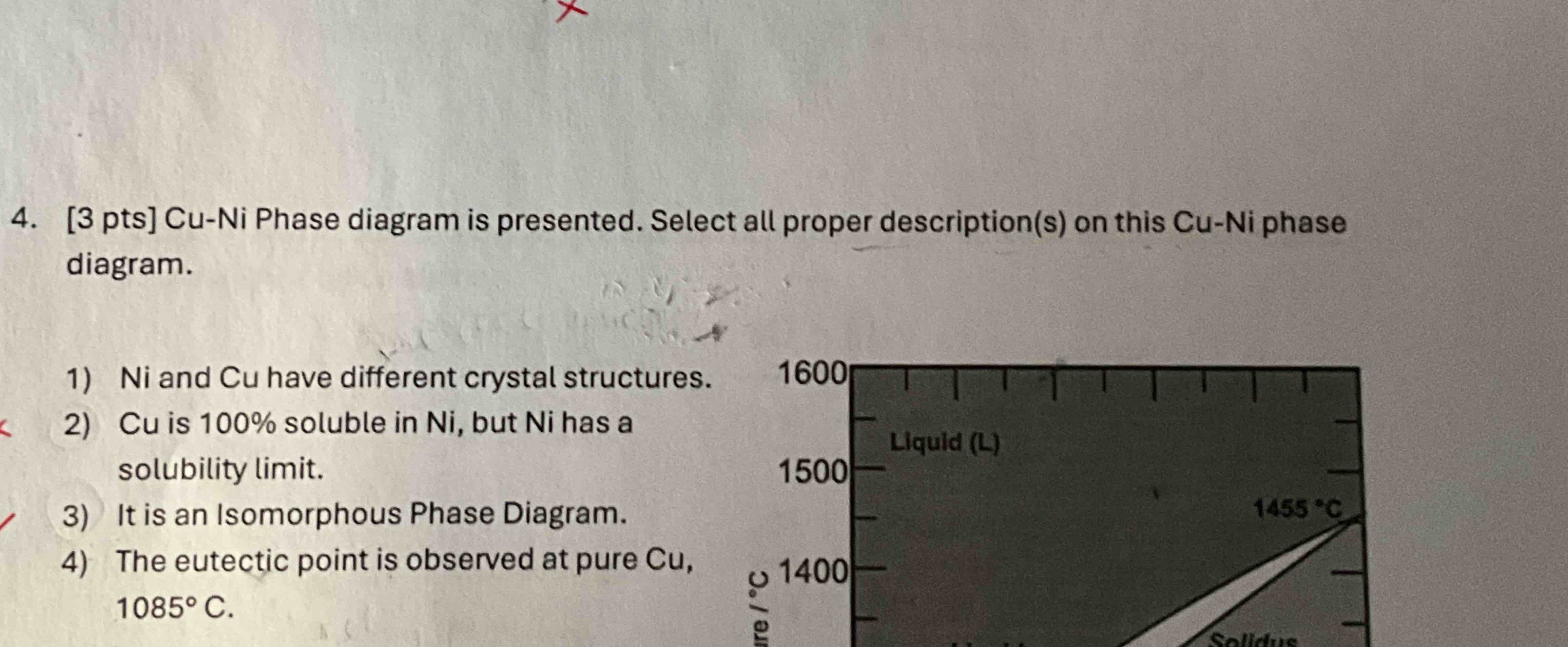 Solved 4. [3 ﻿pts] ﻿Cu-Ni Phase diagram is presented. Select | Chegg.com