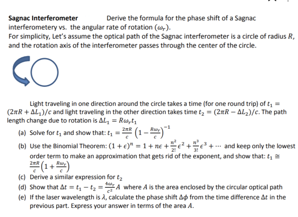 Solved Sagnac Interferometer Derive the formula for the | Chegg.com