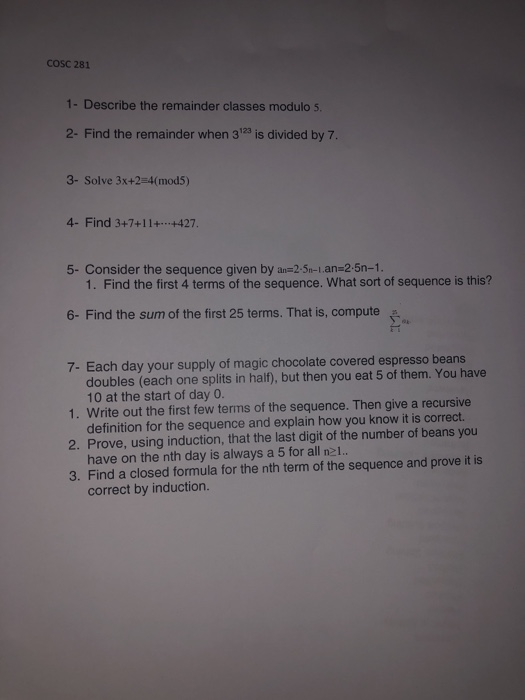 Solved cosc 281 1- Describe the remainder classes modulo 5. | Chegg.com