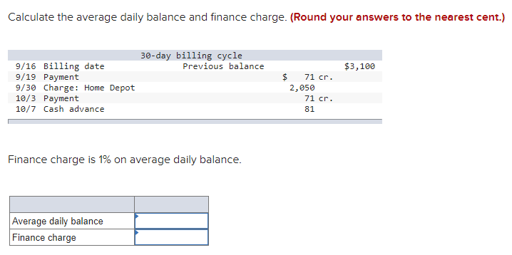 Solved Calculate the average daily balance and finance | Chegg.com