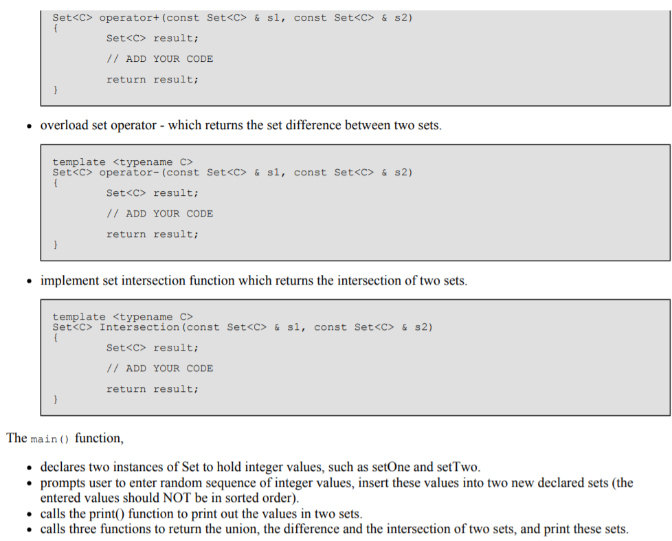 Solved Please implement set.cpp to int main. (no changes | Chegg.com