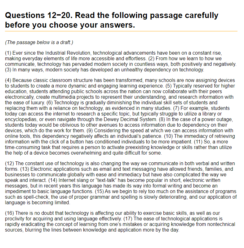 Solved Questions 12-20. Read the following passage carefully | Chegg.com