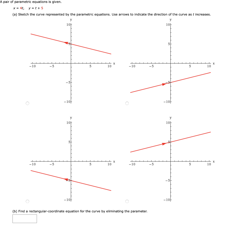 Solved A pair of parametric equations is given y=t+5 x=4t, | Chegg.com