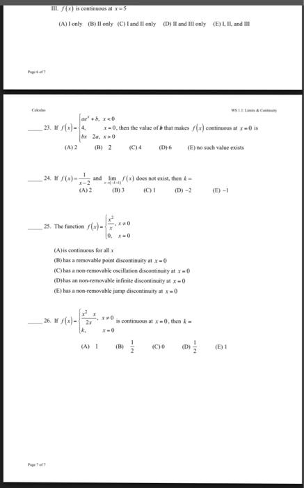 Solved Name Worksheet 1.1-Limits&Continuity Short Answer: | Chegg.com