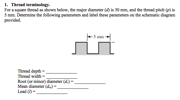 Solved 1. Thread terminology. For a square thread as shown | Chegg.com