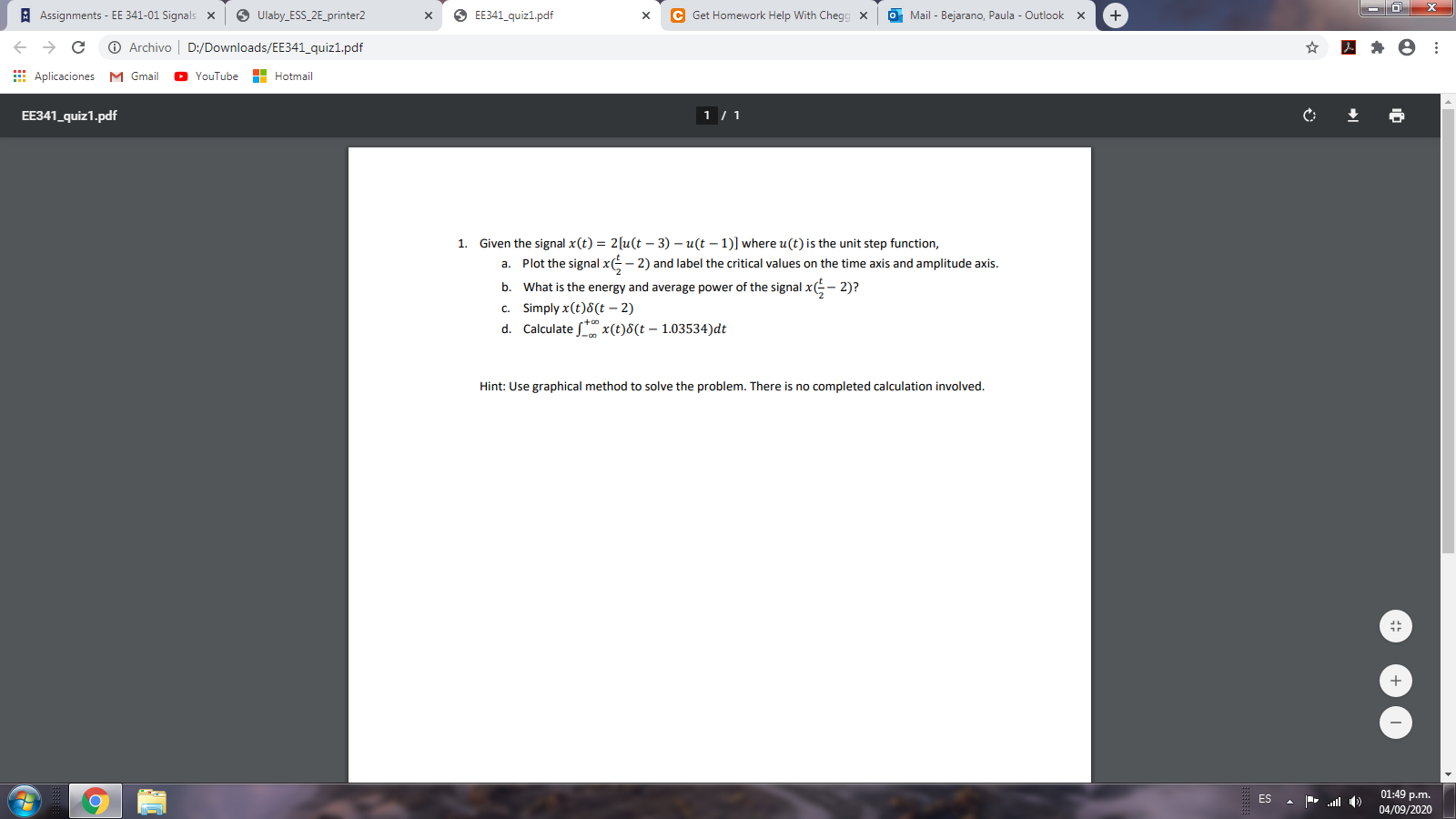 Solved A Assignments - EE 341-01 Signals x | Chegg.com