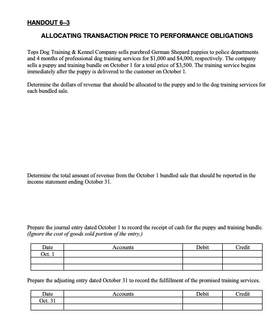 Solved HANDOUT 6-3 ALLOCATING TRANSACTION PRICE TO | Chegg.com
