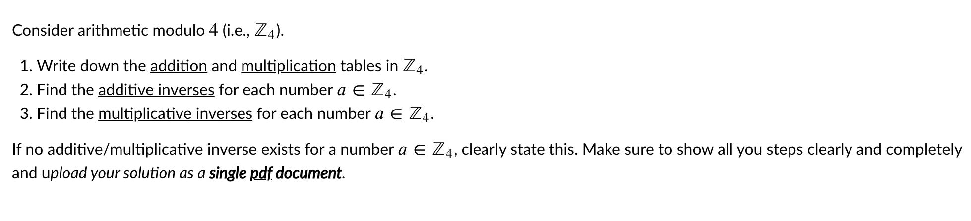 Solved Consider arithmetic modulo 4 (i.e., Z4). 1. Write | Chegg.com