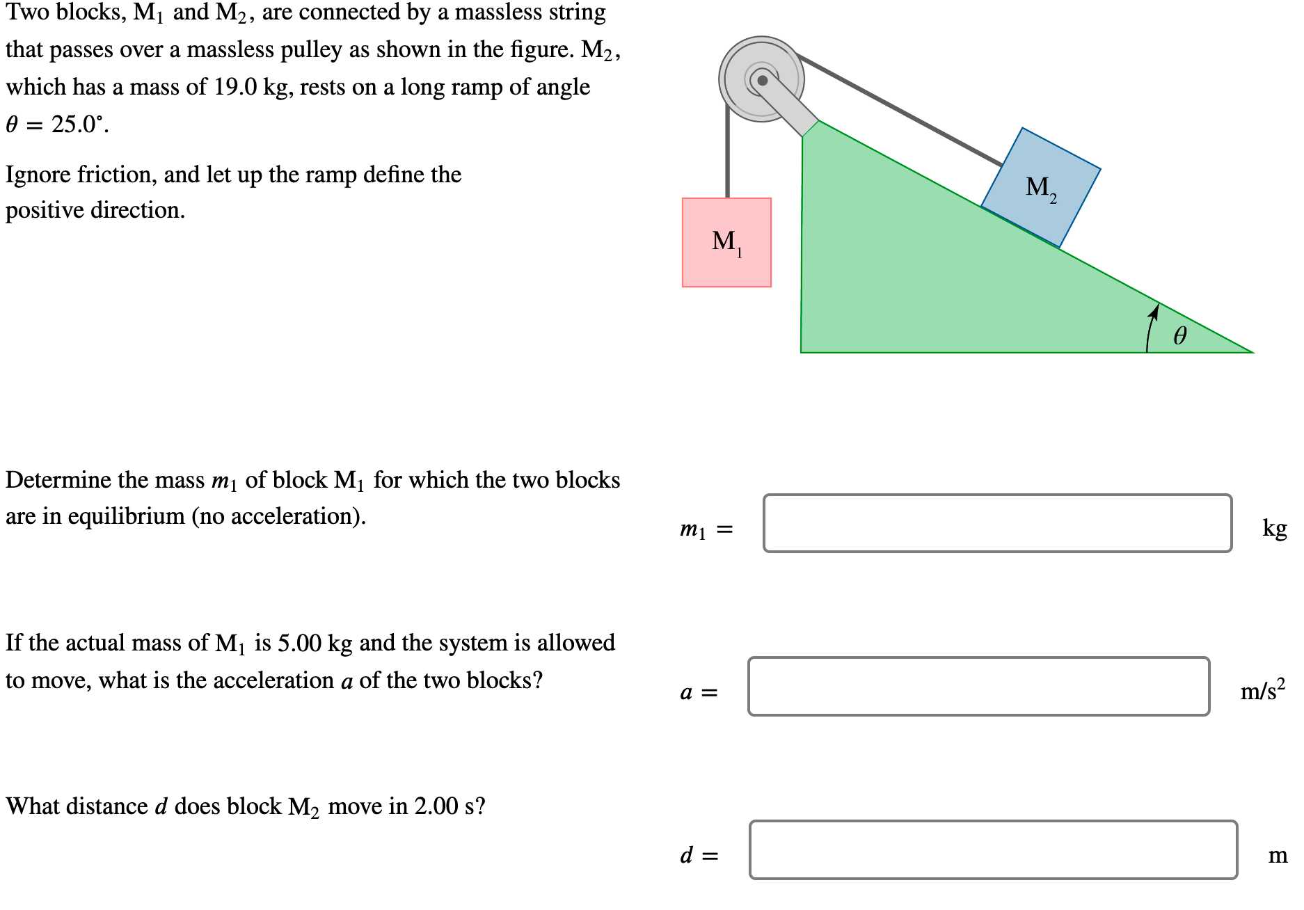 Solved Two blocks, M1 and M2, are connected by a massless | Chegg.com