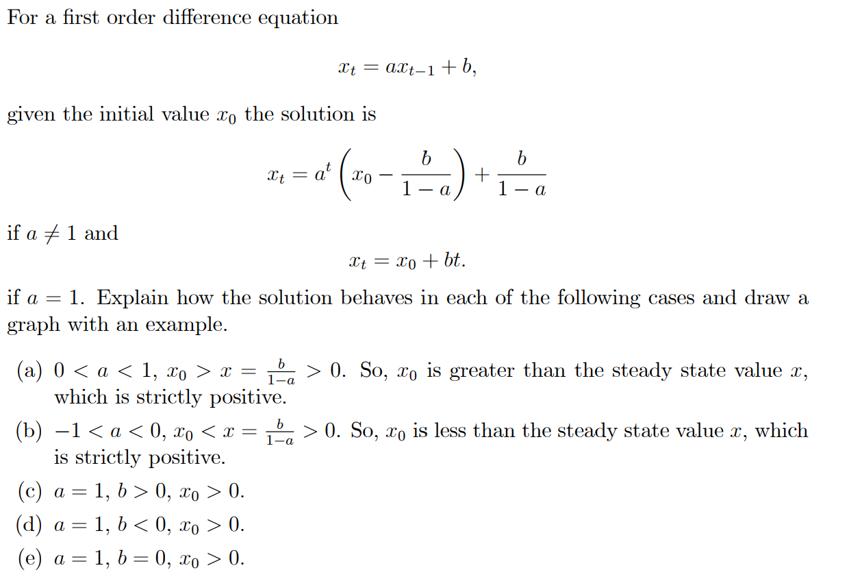 Solved For a first order difference equation xt=axt−1+b, | Chegg.com