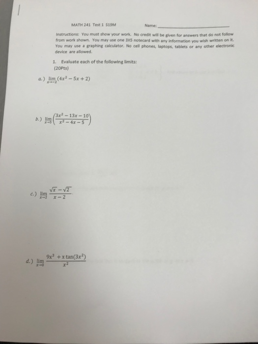 Solved MATH 241 Test 1 $19M Name: Instructions: You must | Chegg.com