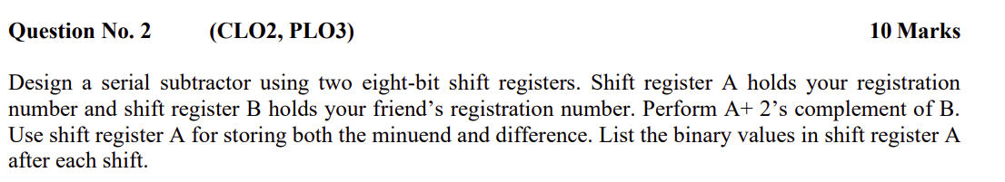Solved Question No. 2 (CLO2, PLO3) 10 Marks Design a serial | Chegg.com