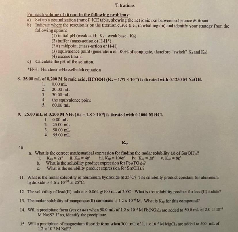 Solved Titrations For each volume of titrant in the | Chegg.com