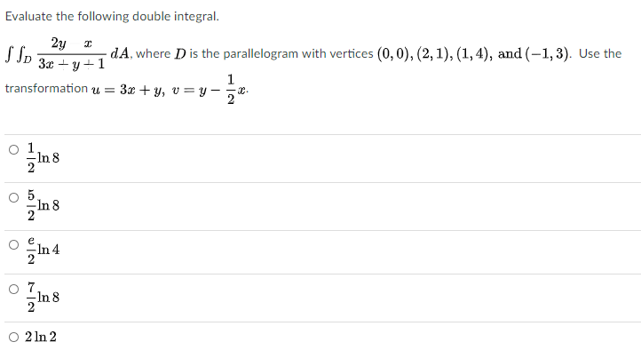 Solved Evaluate the following double integral. 2y SSD dA, | Chegg.com