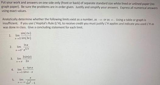 Solved Put your work and answers on one side only (front or | Chegg.com