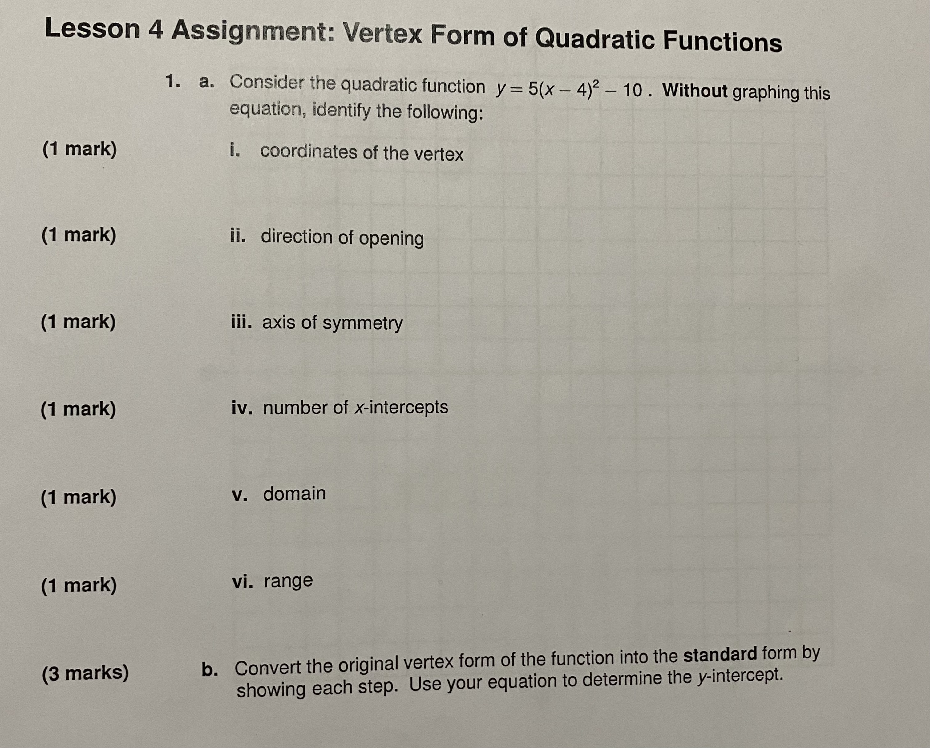 Solved Lesson 4 ﻿Assignment: Vertex Form of Quadratic | Chegg.com